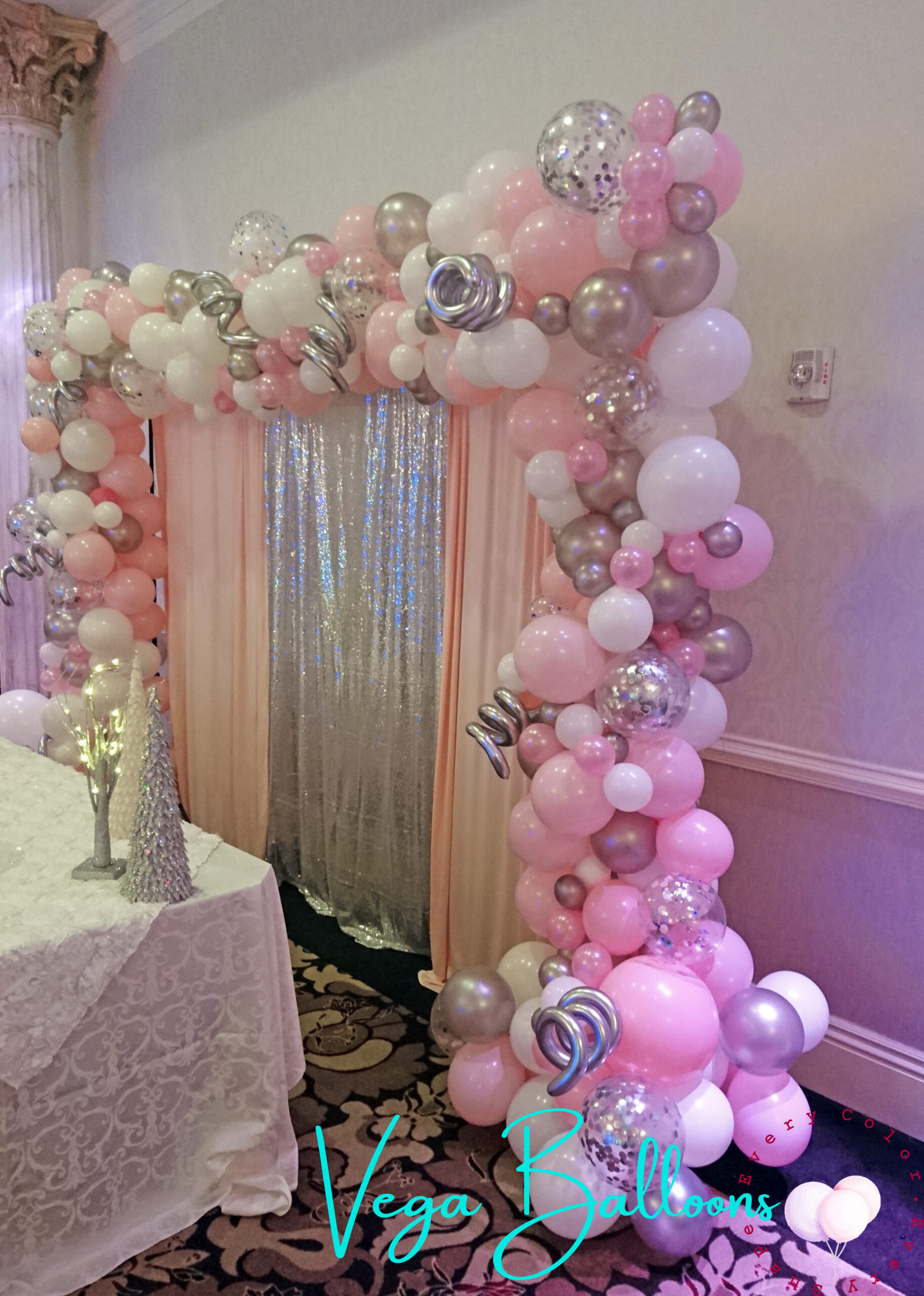 Pink-Silver arch with Confetti and Backdrop Curtain - Vega Balloons